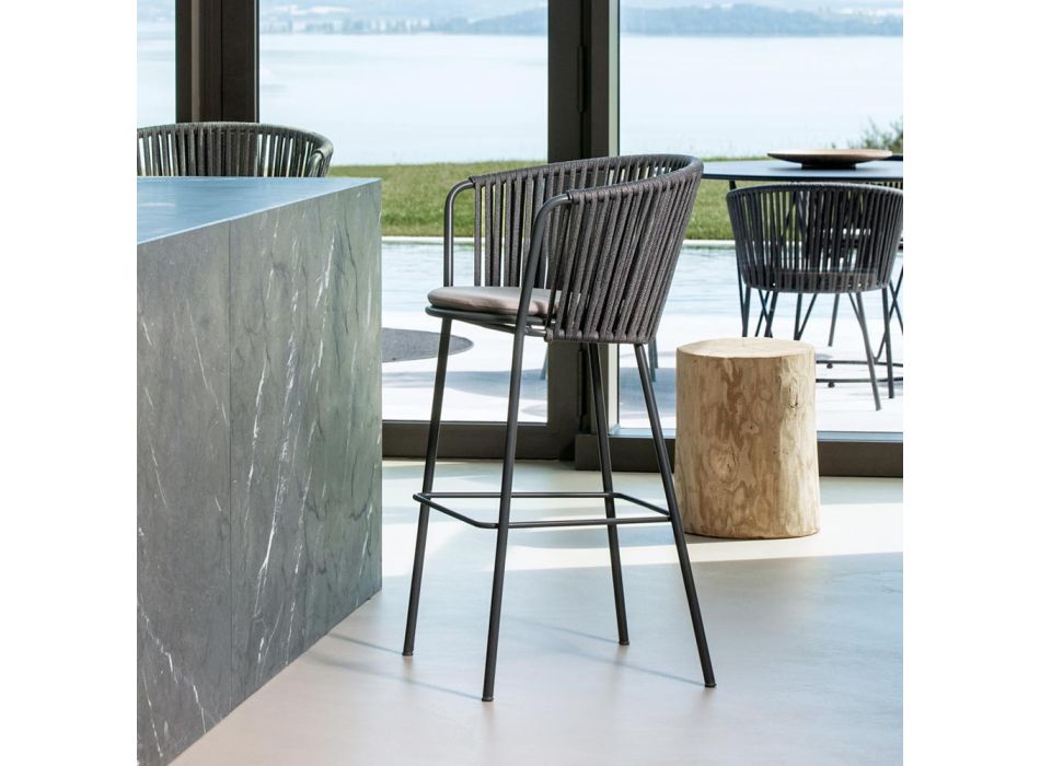 Taburete de acero inoxidable y respaldo de cuerda